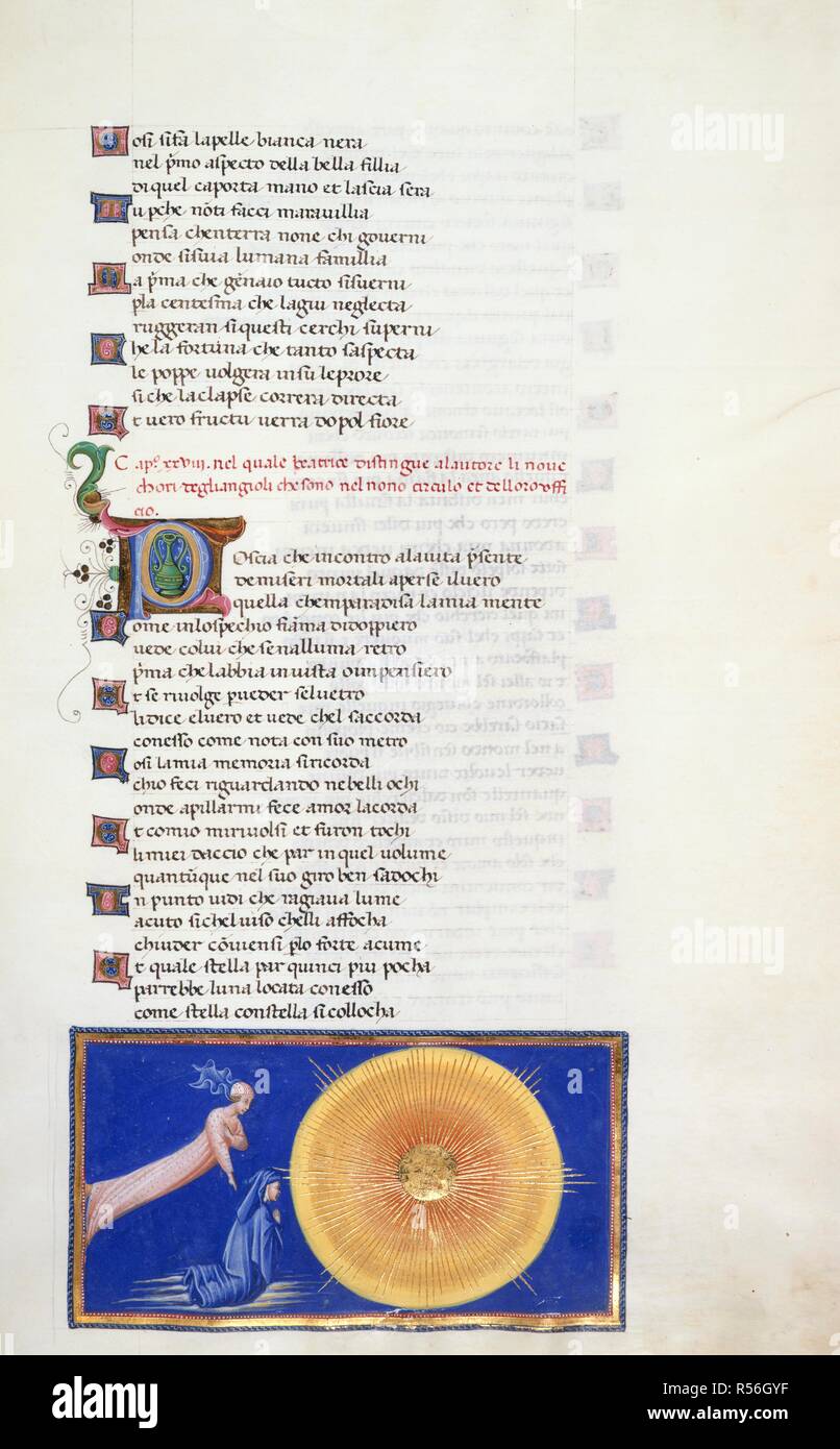 Paradiso, Canto XXVIII. Miniature shows Beatrice hovering and Dante ...