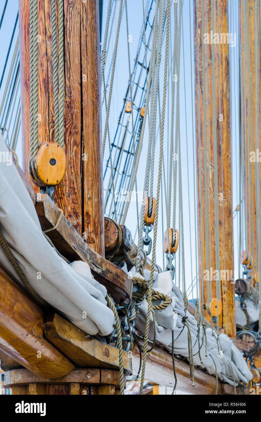 Folded sail and mast on an old sailboat Stock Photo - Alamy