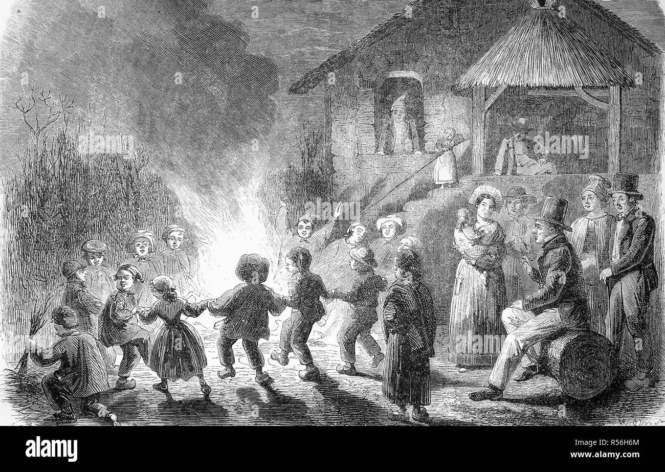 Children dance around a campfire, children s party in Provence, 1855 ...