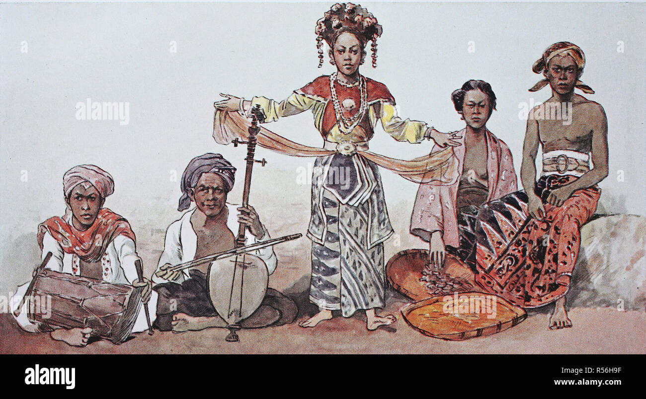 Clothes, fashion in Java, Javanese costumes, from the left, musicians ...