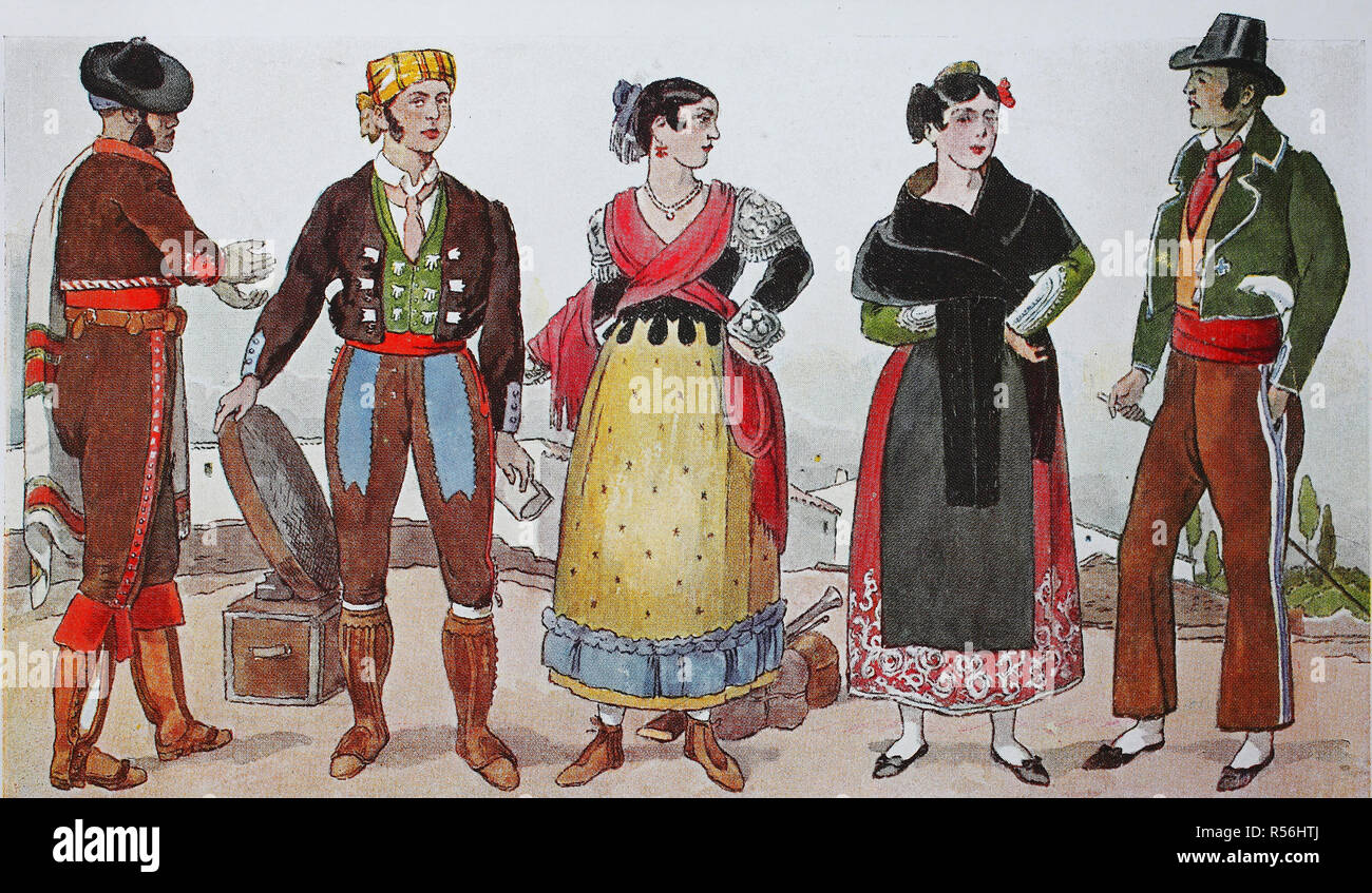 People in traditional costumes, fashion, clothes in Spain from 1810 ...