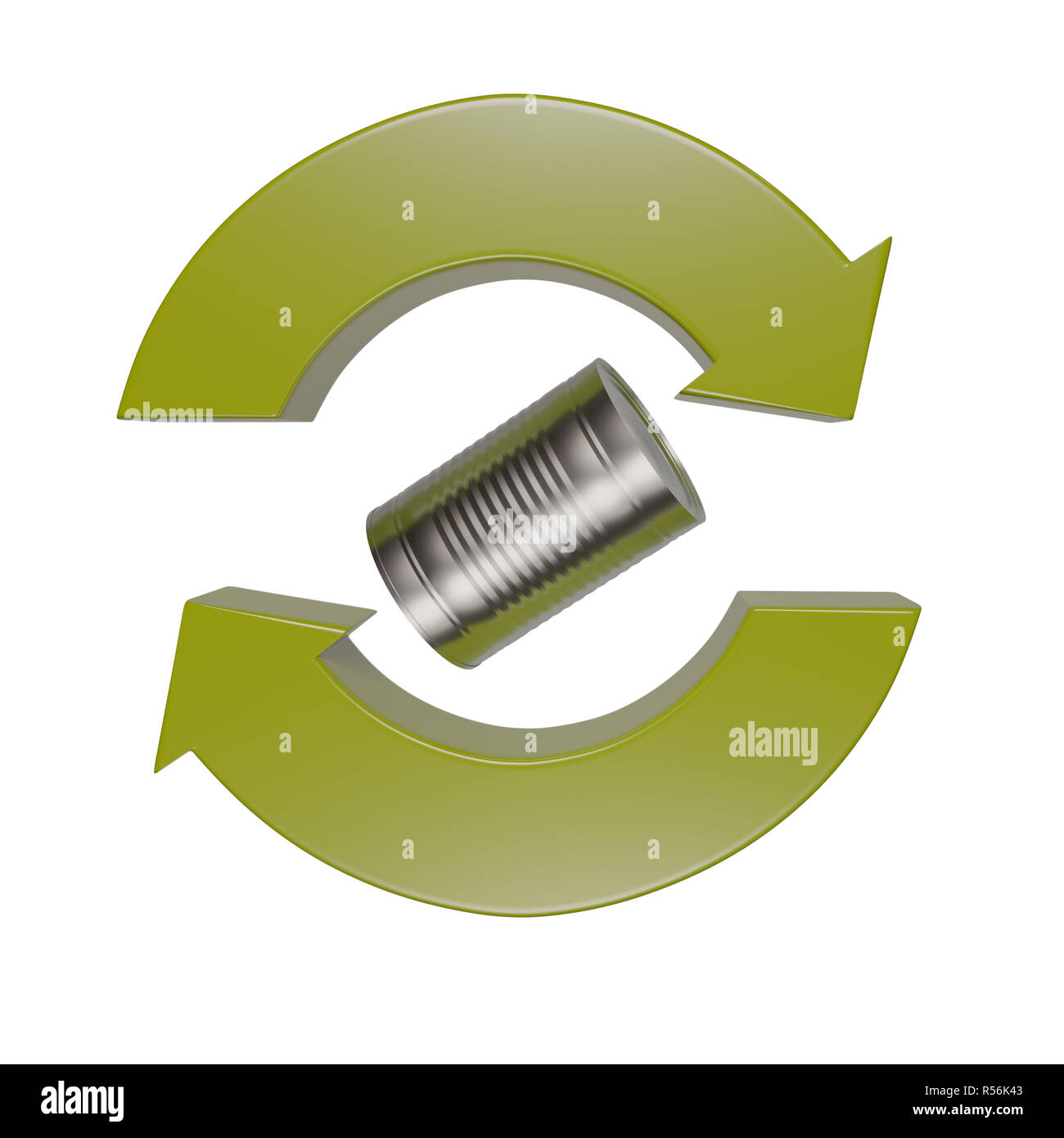3d render of green two arrow recycling symbol with tin can inside over ...