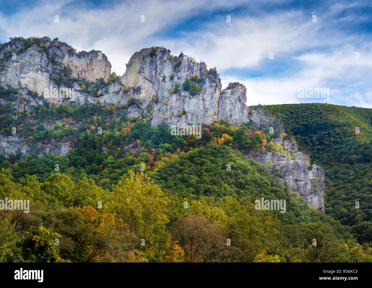 The Seneca Rocks geological formation in West Virginia. This quartzite ...