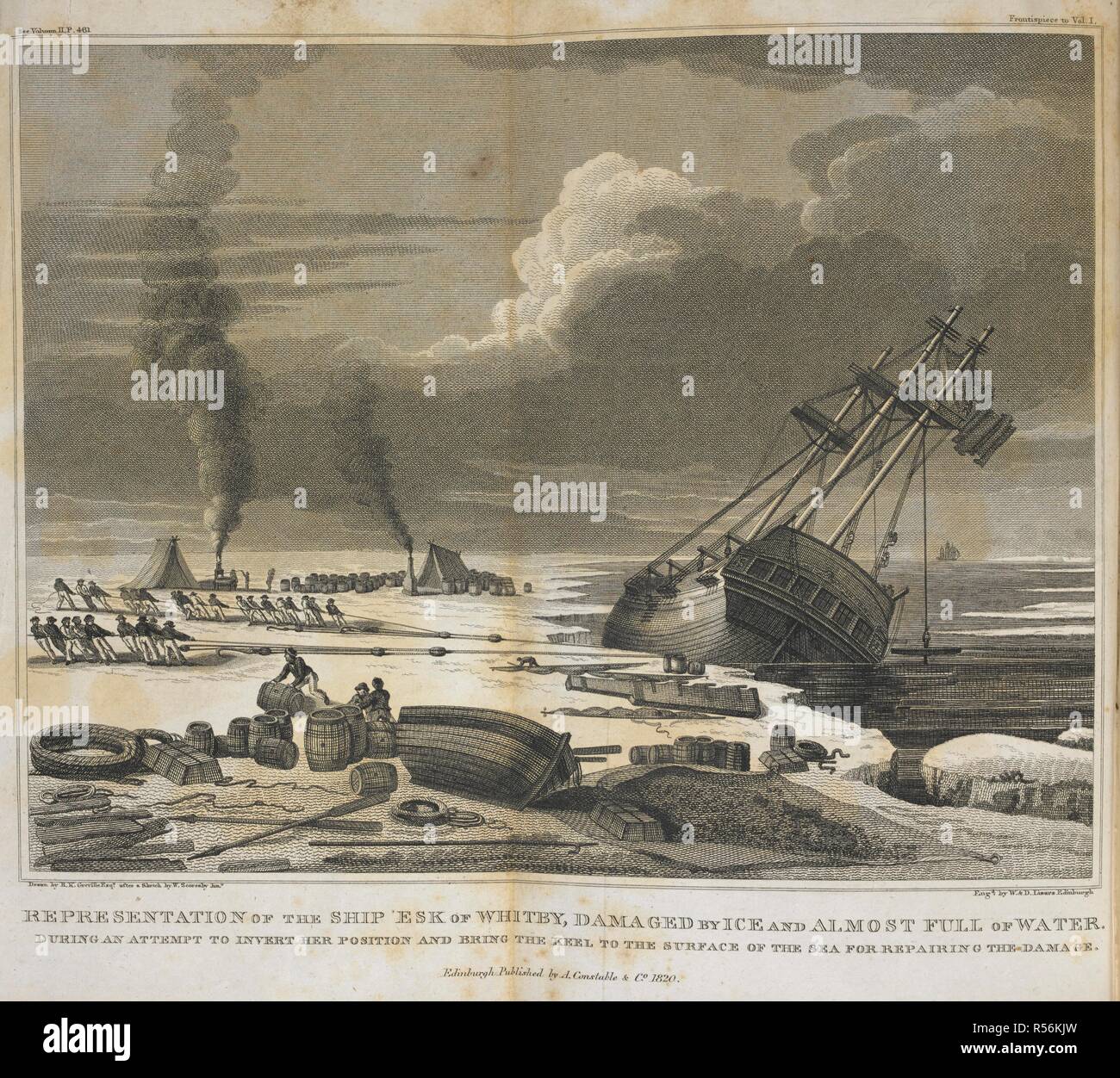 Representation of the ship Esk of Whitby, damaged by ice and almost ...