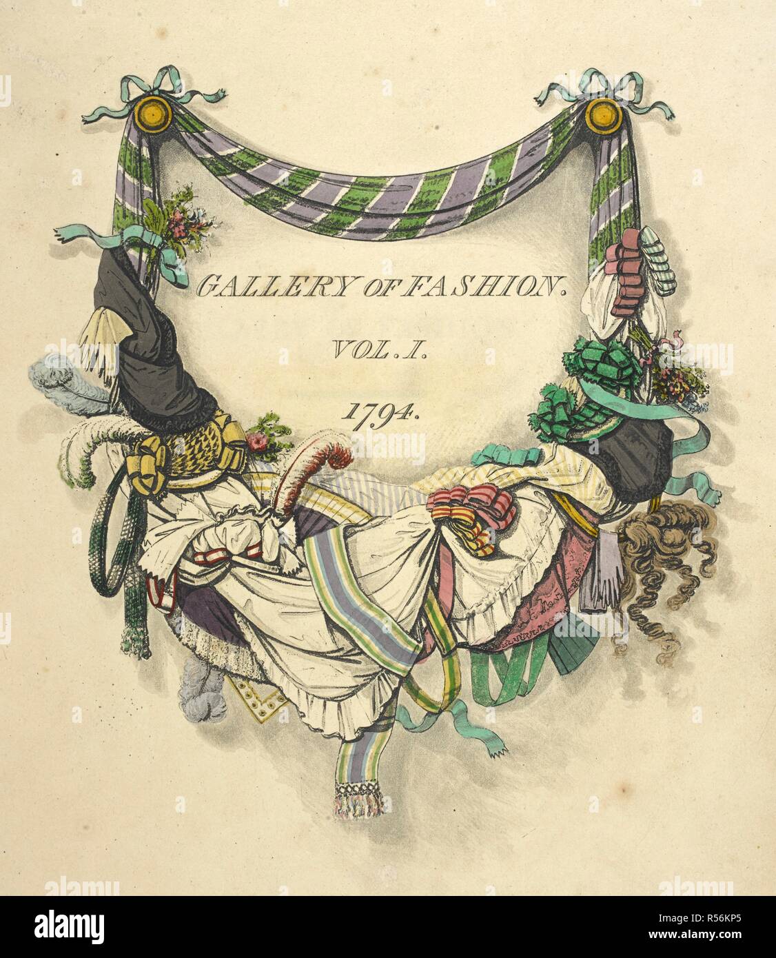 Illustrated title page, showing items of clothing. Gallery of Fashion ...
