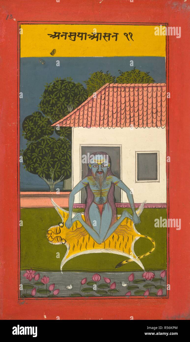 A yogi. Asanas and Mudras (Hata yoga). 19th century. A yogi on a tiger ...