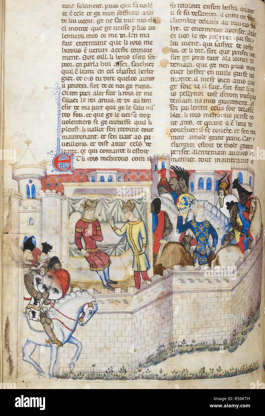 King Meliadus and King Pellinor in conversation within city walls; a ...