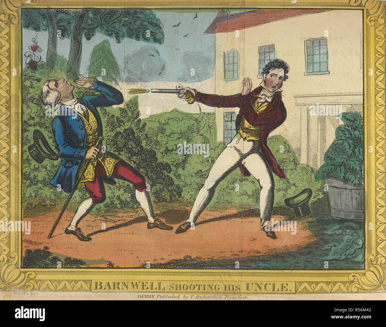 'Barnwell shooting his uncle'. A hand-coloured frontispiece. . The ...