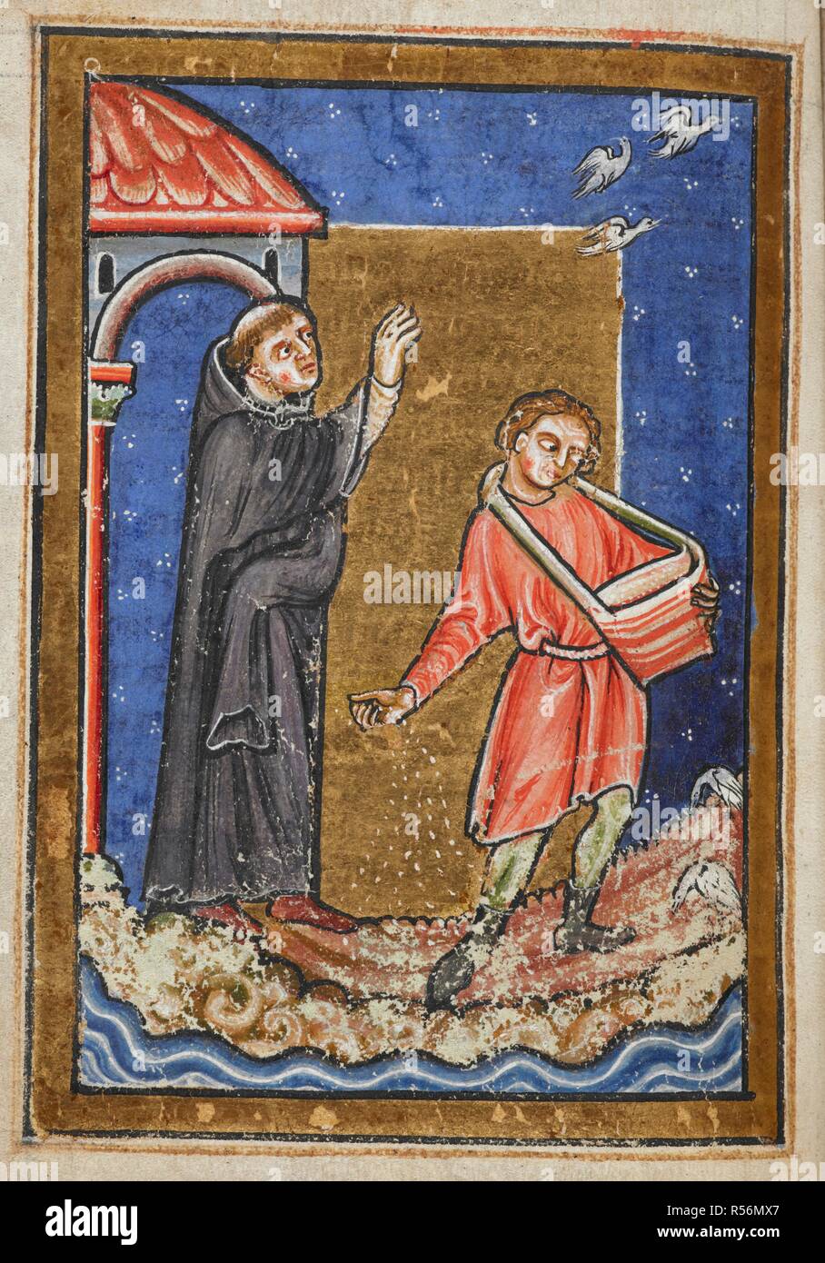 Miniature of Cuthbert speaking to the birds and driving them away from ...