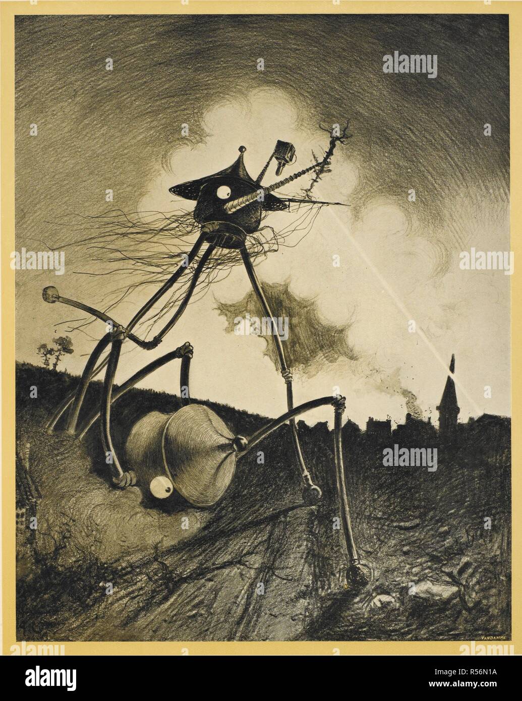 Two martian tripods being fired upon. Illustration from 'war of the ...