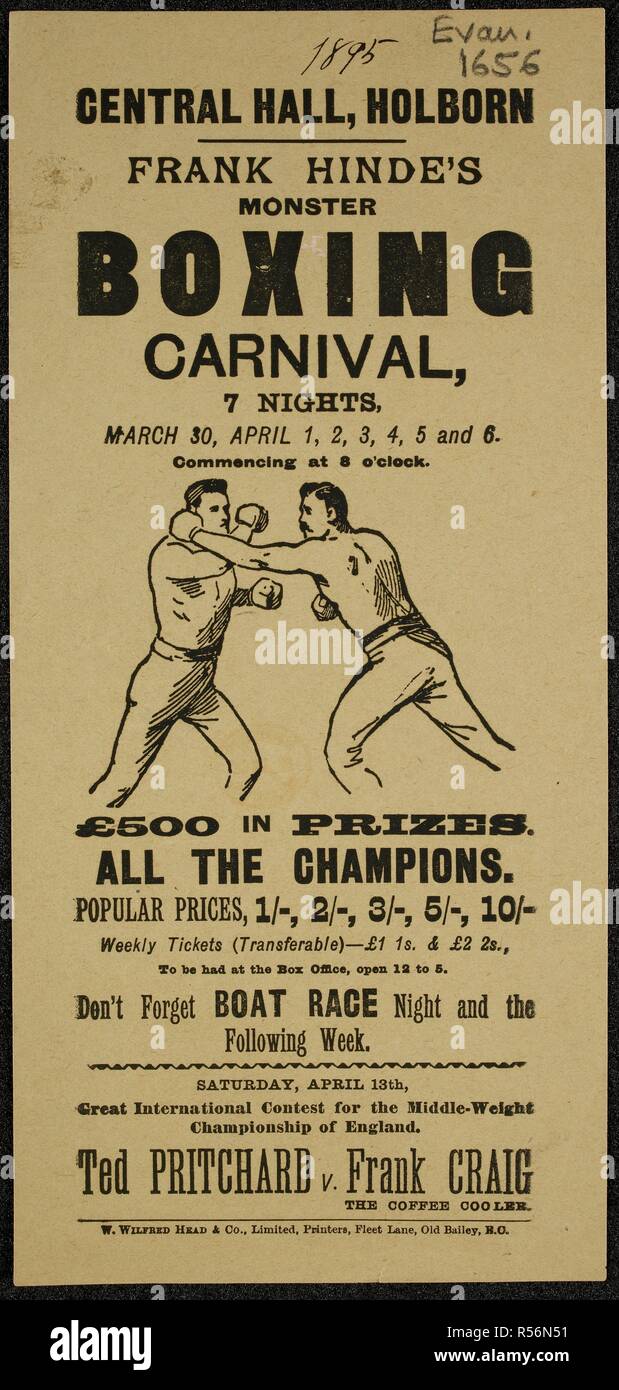 Central Hall, Holborn. Frank Hinde's monster boxing carnival. An ...