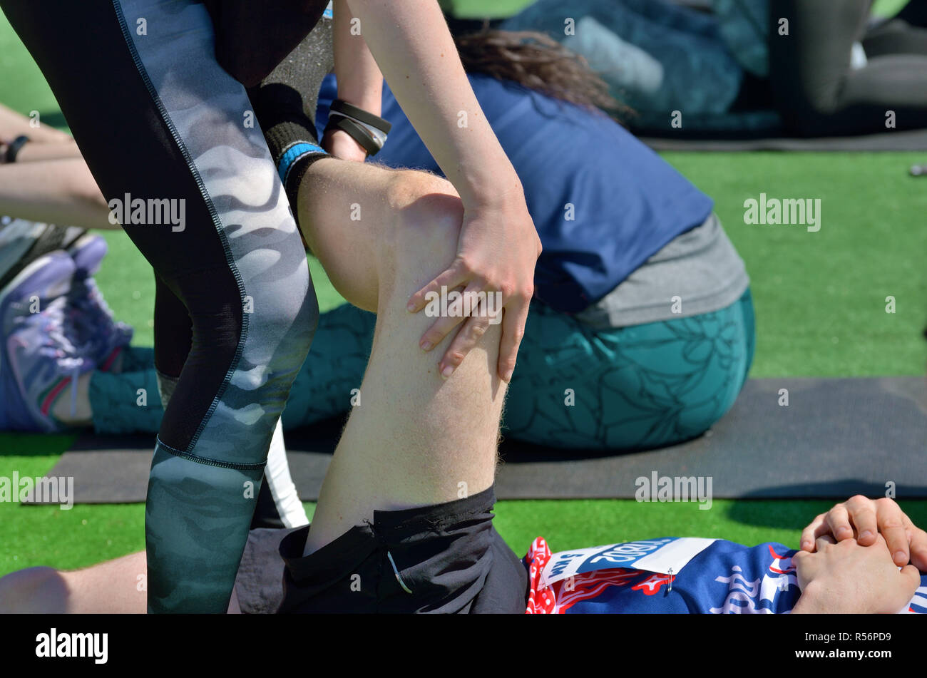 Performing sports massage for athletes.Muscles relax.Fatigue leaves the ...