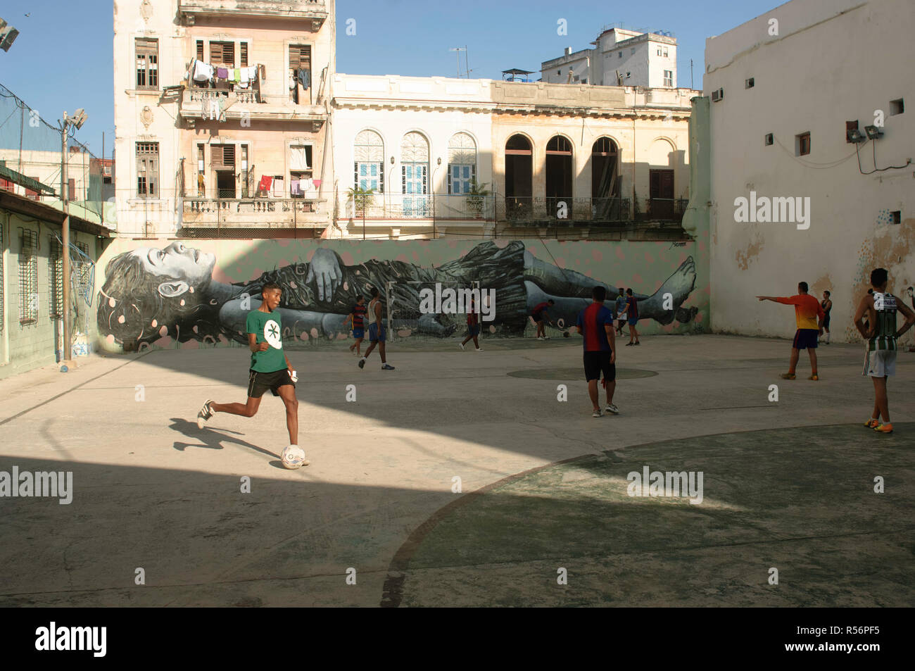 A group of boys playing soccer on an indoor square. Havana, Cuba Stock ...