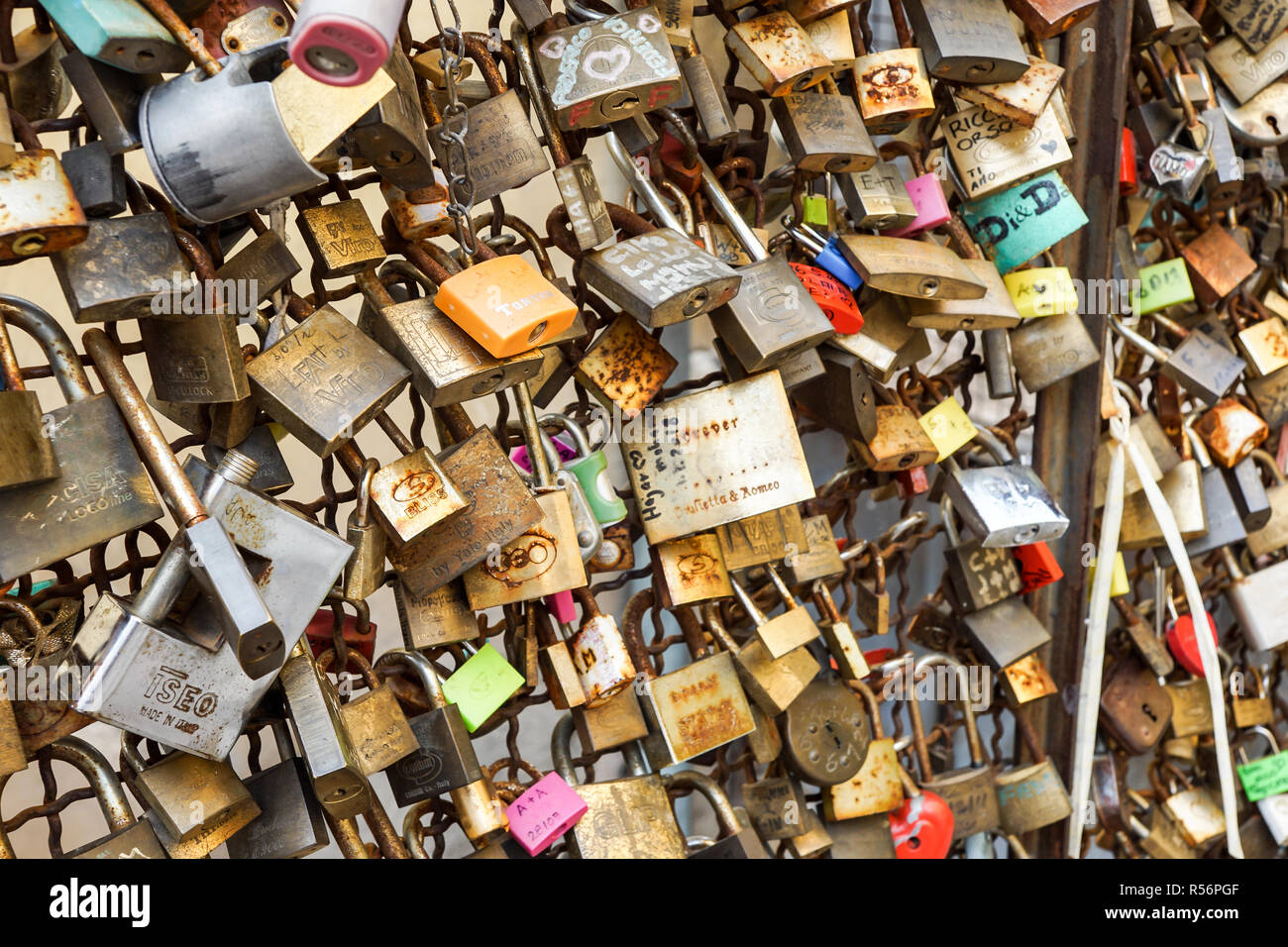 Milan , Italy ,15 January,2018. love padlock keys on the bridge ...
