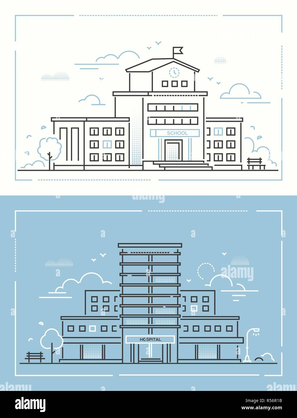School and hospital - set of thin line design style vector ...