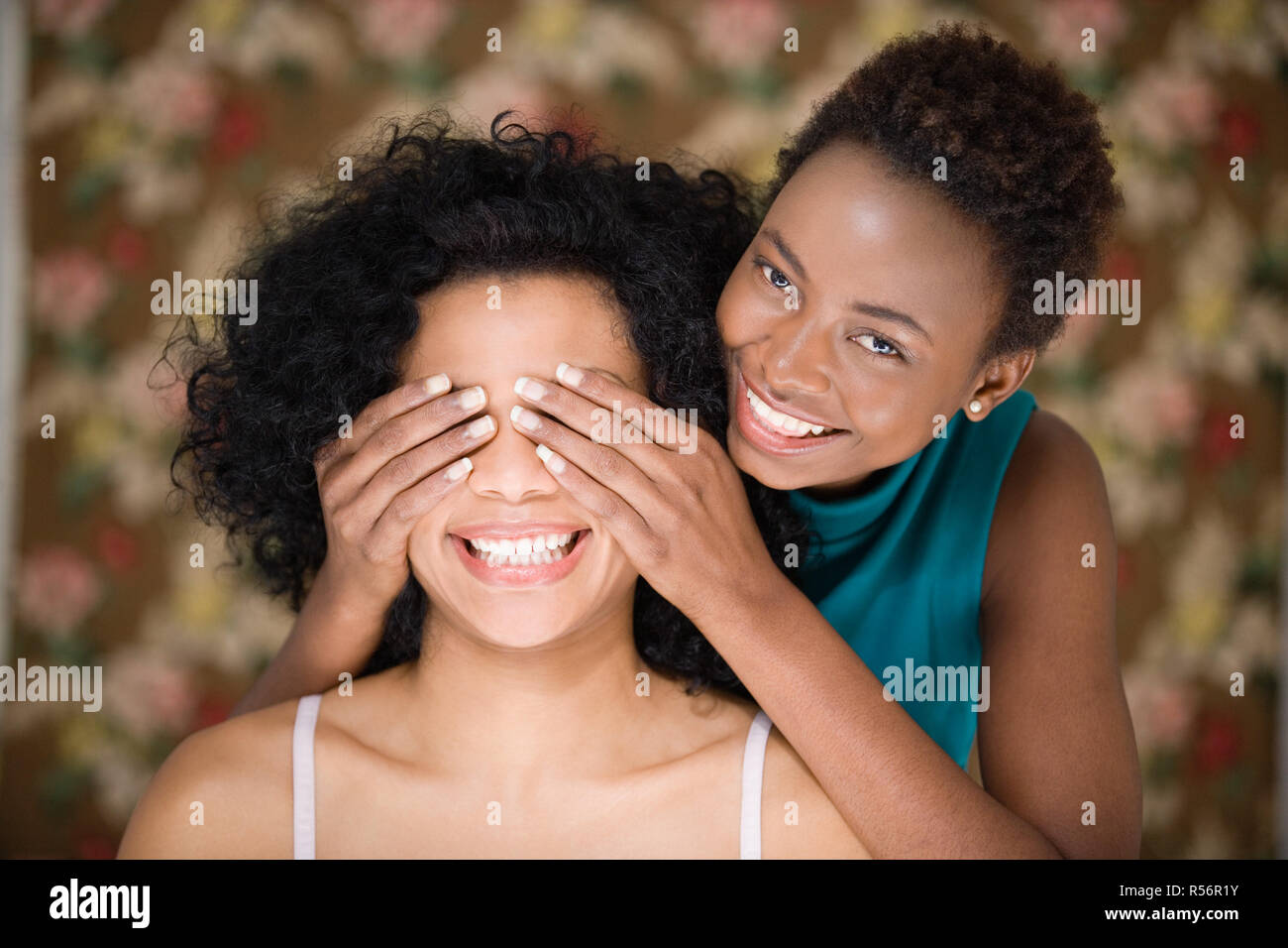 Woman covering friends eyes Stock Photo - Alamy