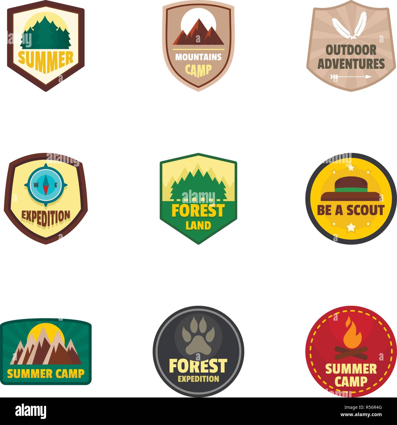 Camp logo emblem set. Flat set of 9 camp vector logo emblem for web ...