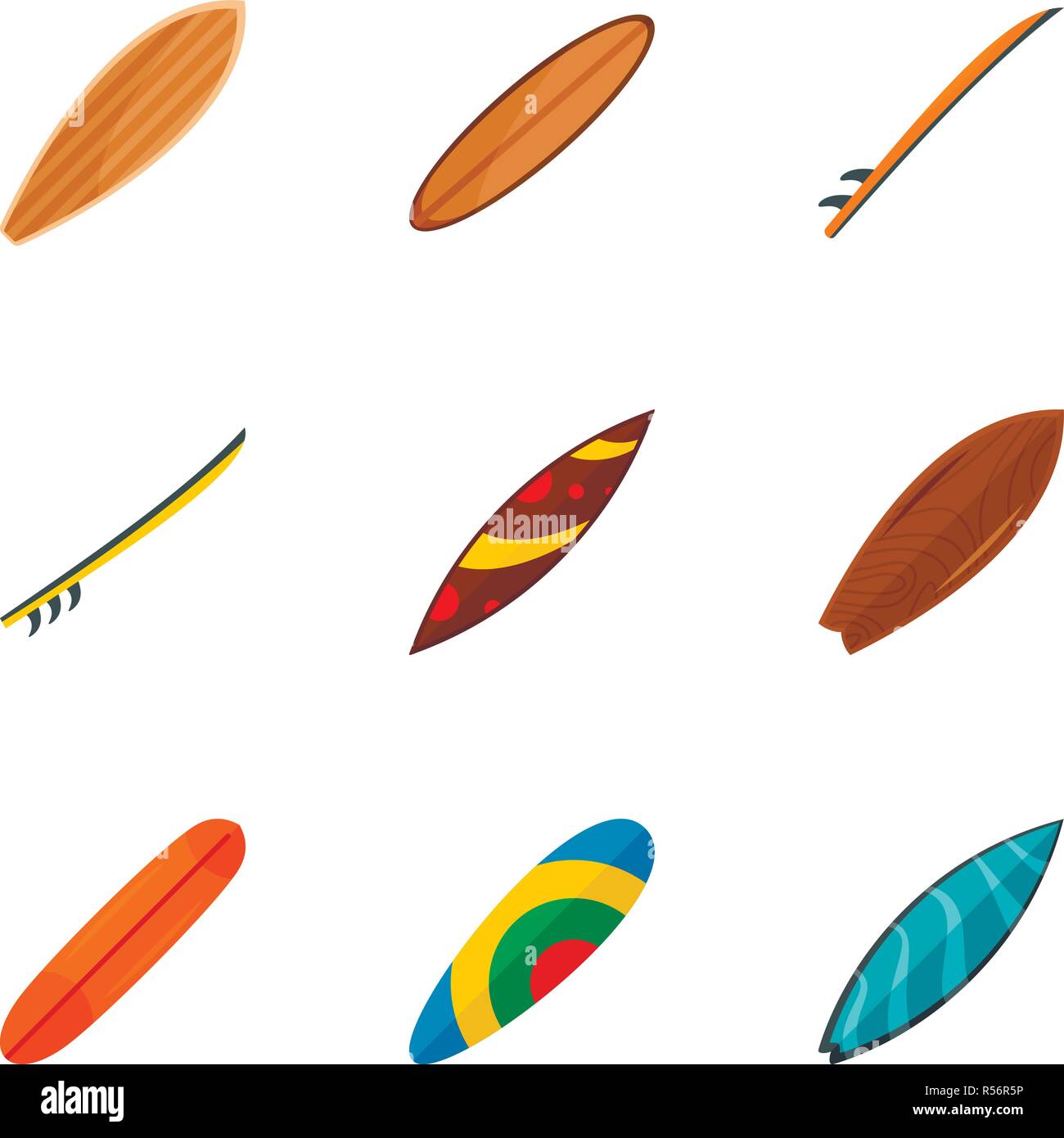 Colorful surf board icon set. Flat set of 9 colorful surf board vector ...