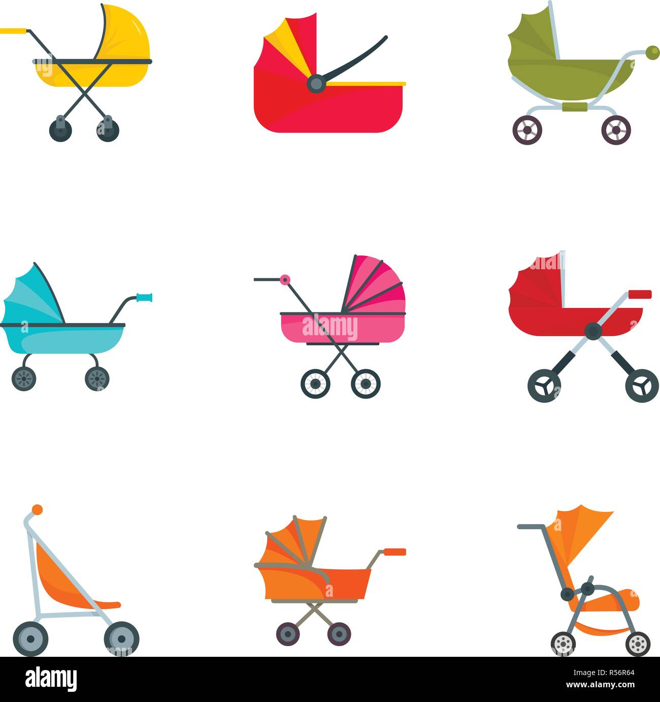 Baby pram icon set. Flat set of 9 baby pram vector icons for web design ...