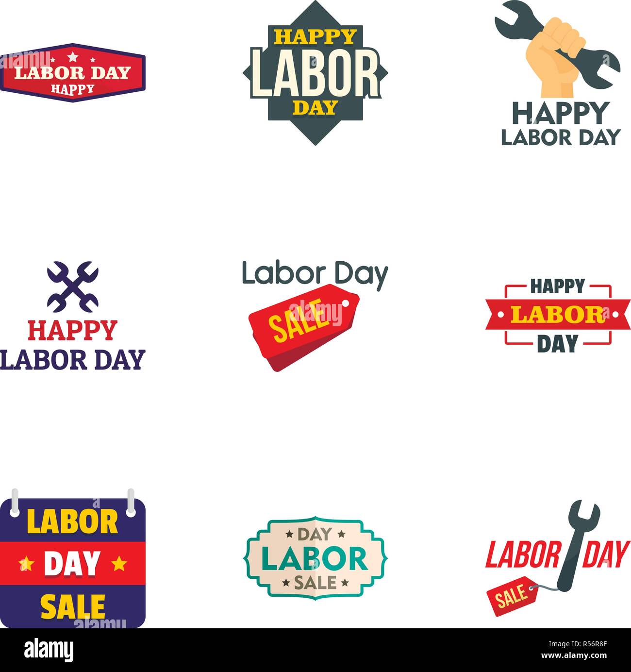 Happy labor day logo set. Flat set of 9 happy labor day vector logo for ...