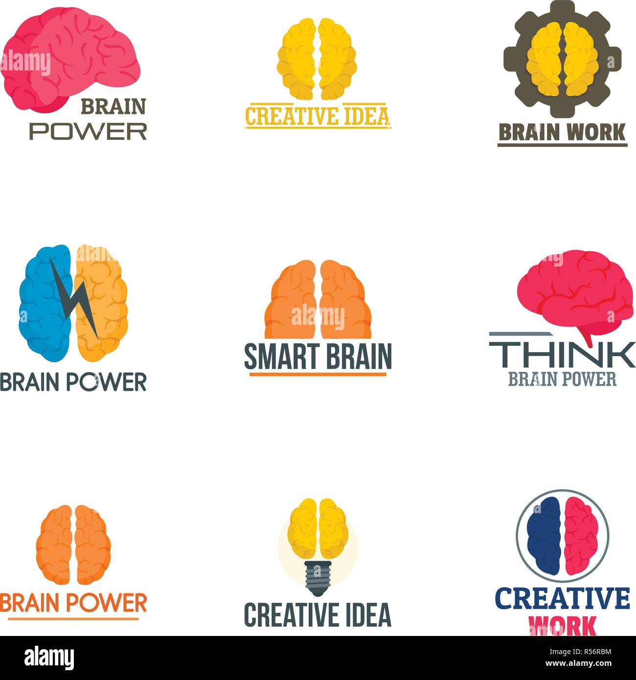 Brain innovation logo set. Flat set of 9 brain innovation vector logo ...