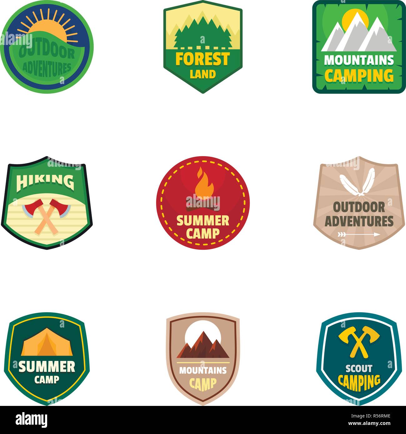 Summer Camp Logo Emblem Set Flat Set Of 9 Summer Camp Vector Logo