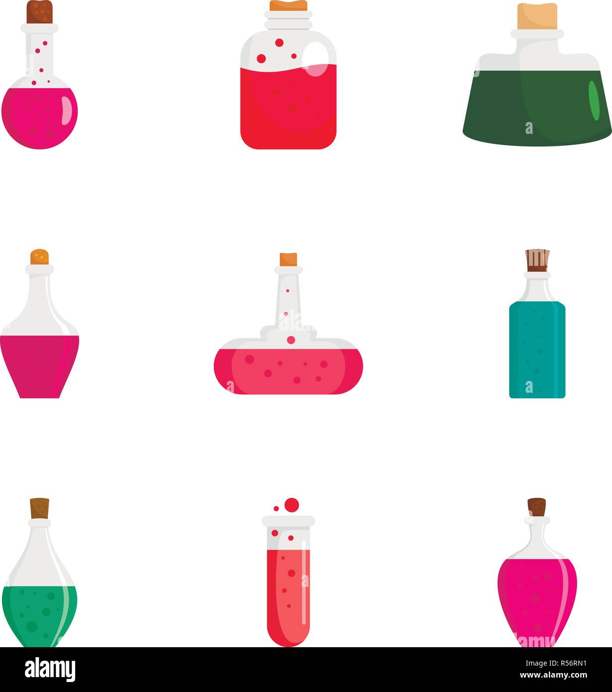 Potion magic bottle icon set. Flat set of 9 potion magic bottle vector ...