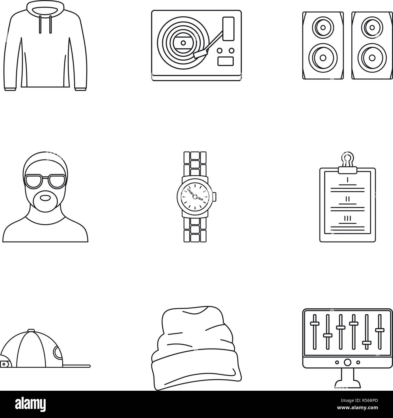 Urban rap icon set. Outline set of 9 urban rap vector icons for web ...