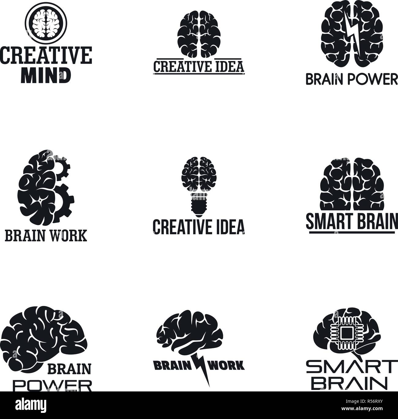 Brain work logo set. Simple set of 9 brain work vector logo for web ...