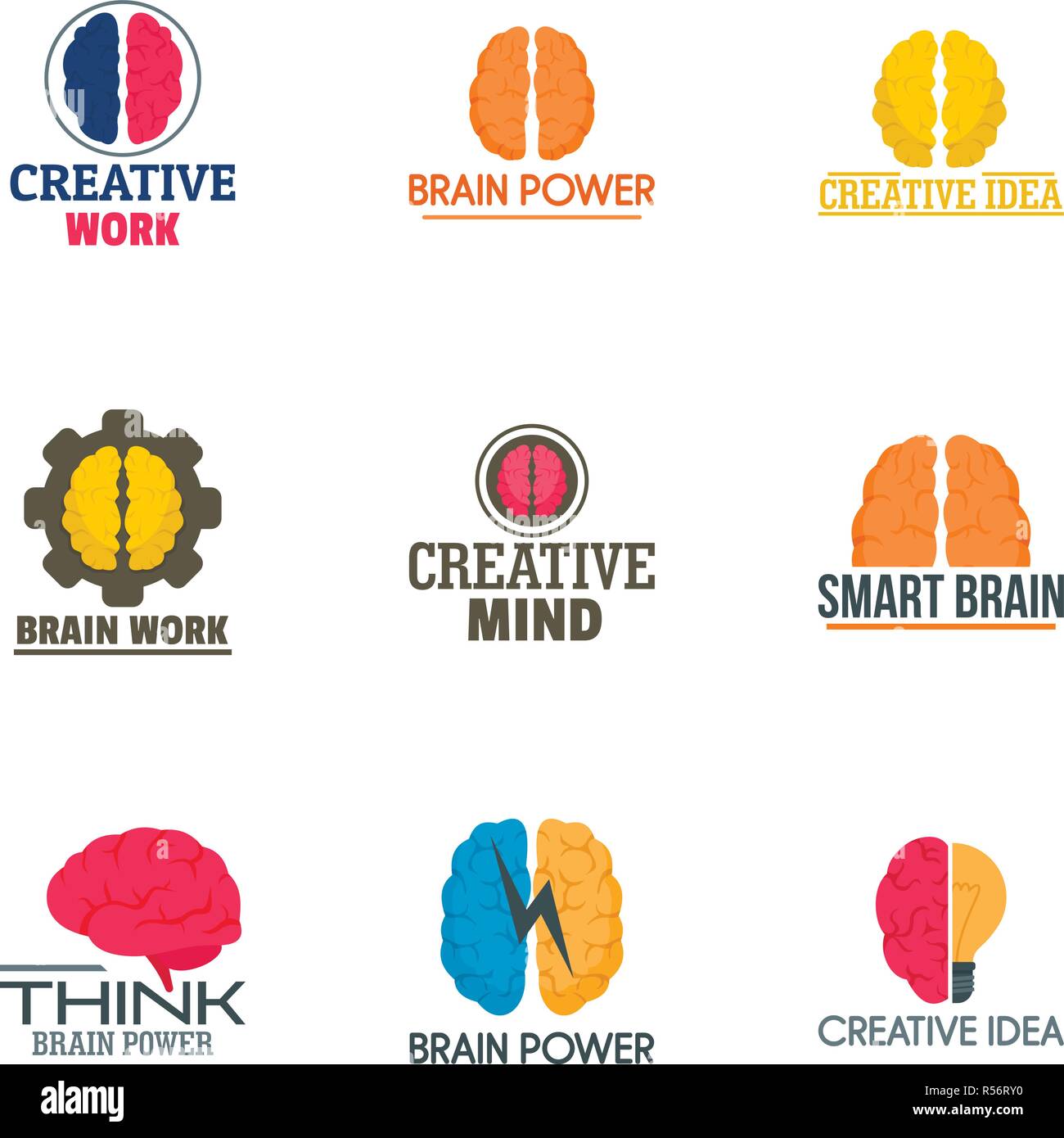 Creative brain work logo set. Flat set of 9 creative brain work vector ...