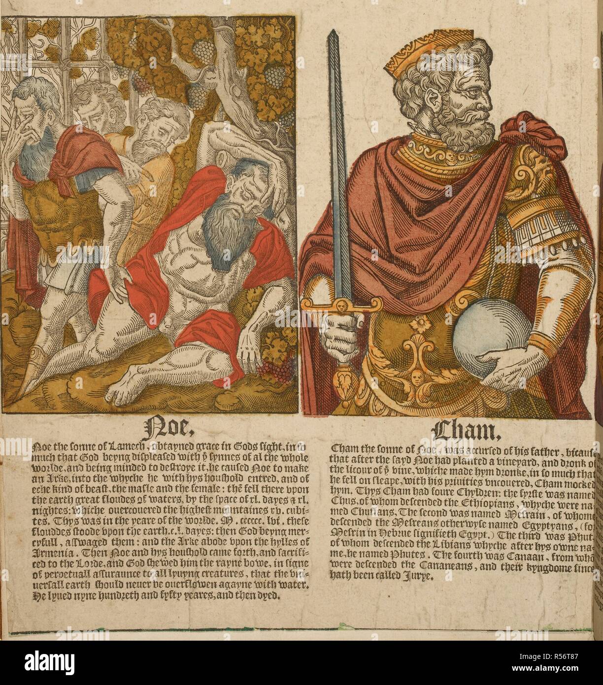 English coloured woodcut illustrations depicting Noah (spelt Noe) and ...