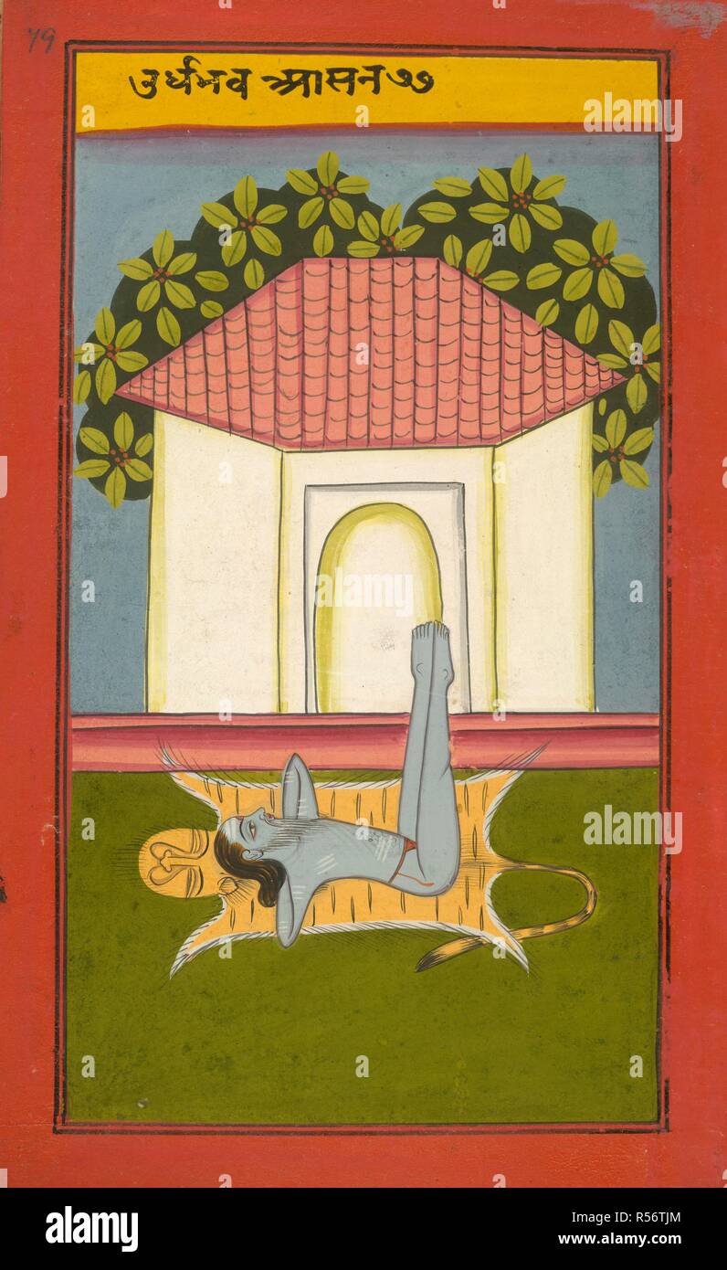 Yogi. Asanas and Mudras (Hata yoga). 19th century. Yogi on his back on ...