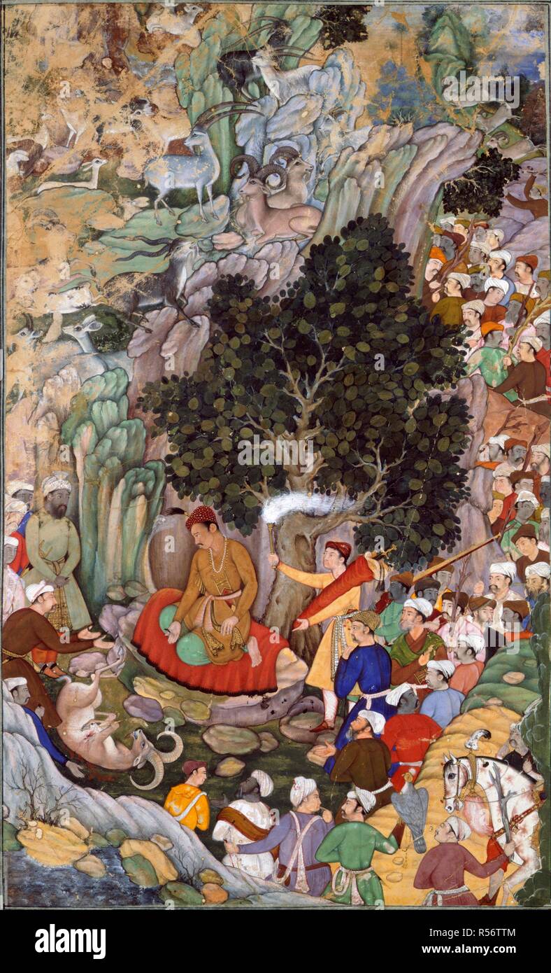 The emperor Akbar, seated on a boulder under a tree, informs his ...