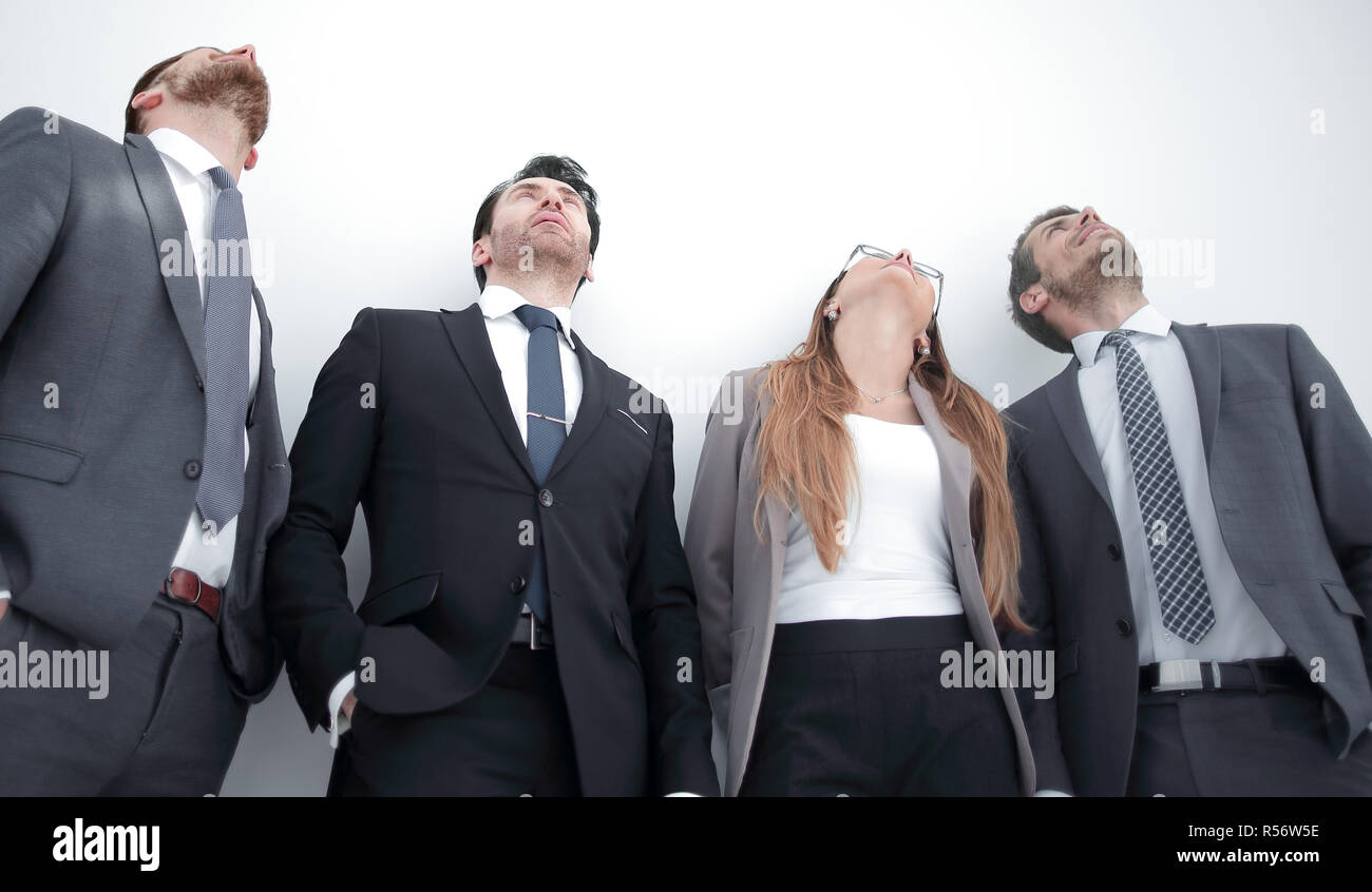 one woman three men in business suits standing in a row Stock Photo - Alamy