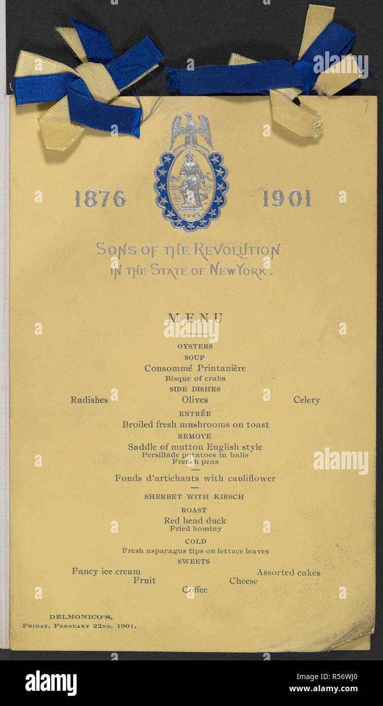 Menu for a banquet for the 'Sons of the revolution in the state of New ...