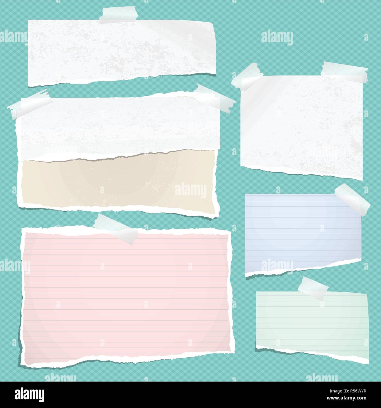 White and colorful ripped notebook paper, torn note paper strips stuck ...