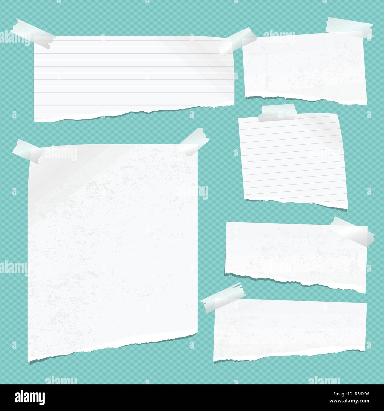 White ripped notebook paper, torn note paper strips stuck on turquoise ...