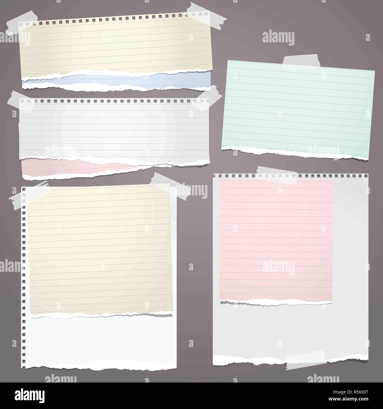 White and colorful ripped notebook paper, torn lined note paper strips ...