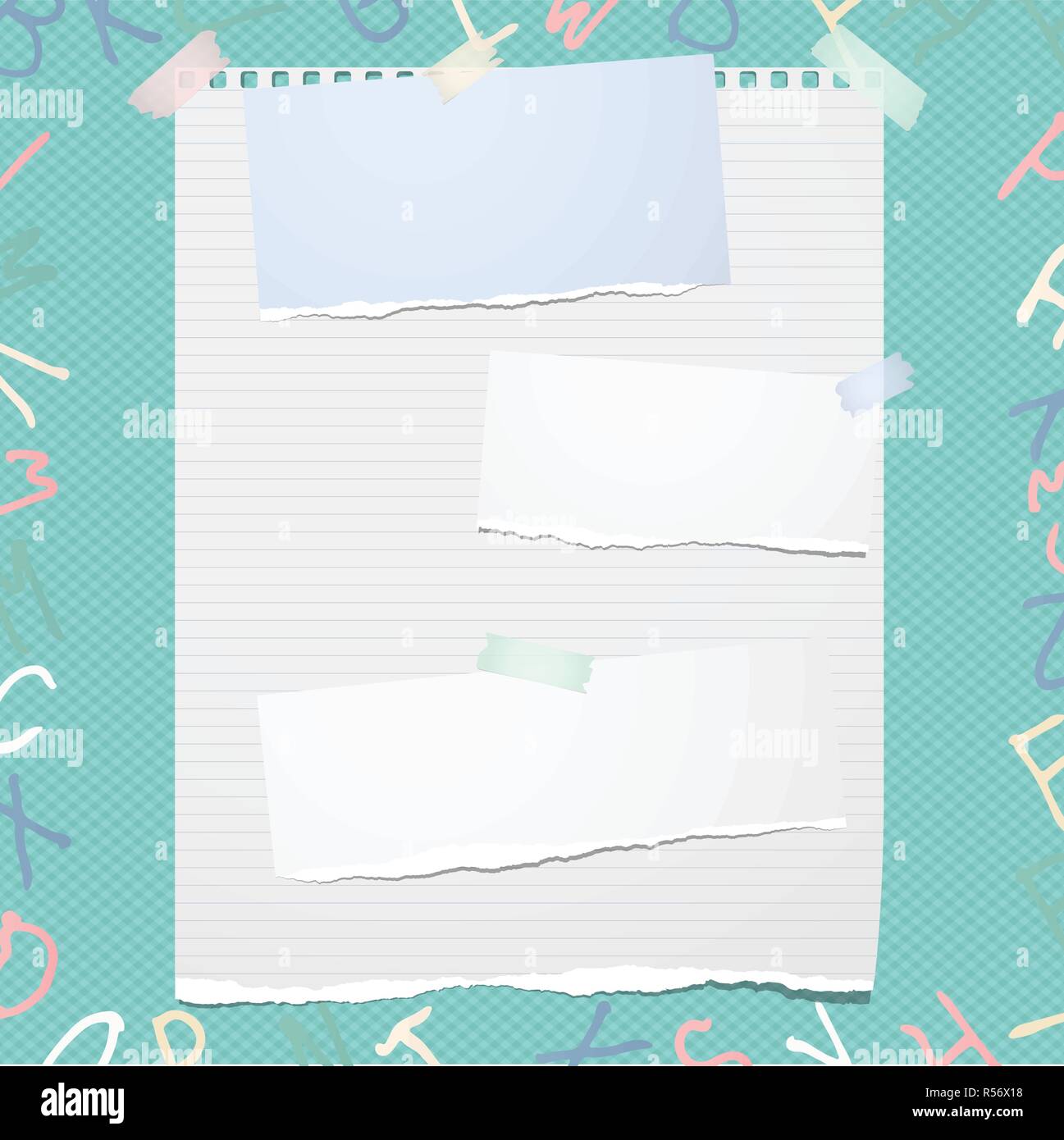 White ripped lined notebook paper, torn note paper strips stuck on ...