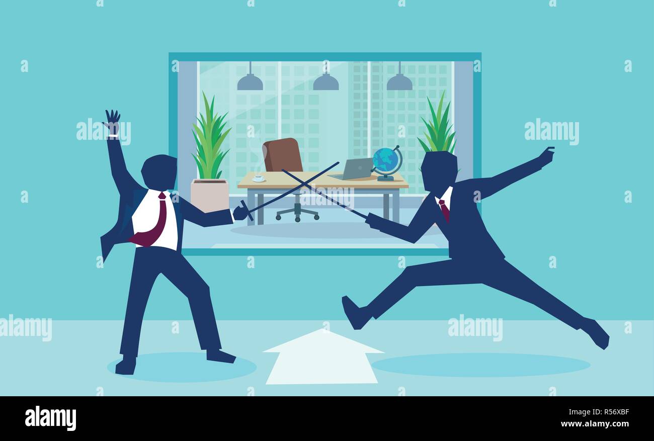 Vector image of businessmen in rivalry fighting with swords in office ...