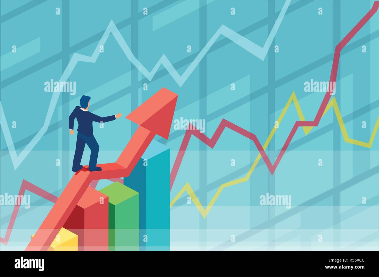 Graphic design of businessman standing on arrow of chart growing up on ...