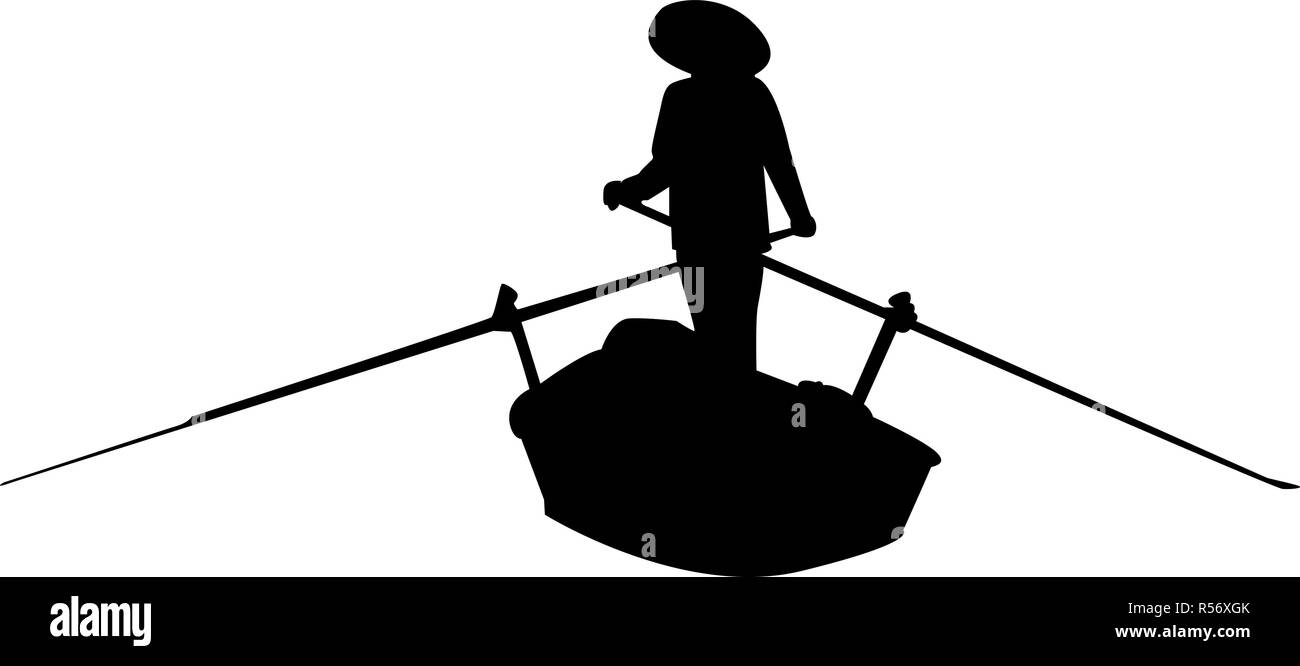 Silhouette of rowing asian person on the boat. Vector illustration ...