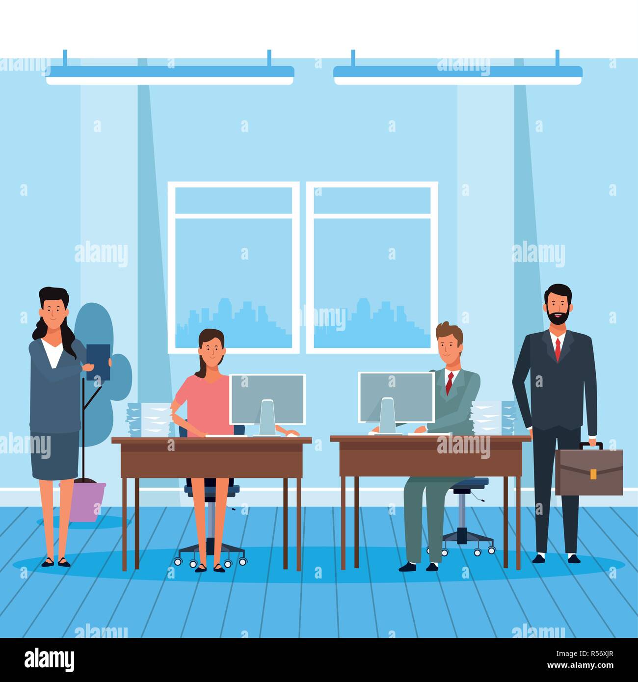 Woman sitting desk man looking Stock Vector Images - Alamy