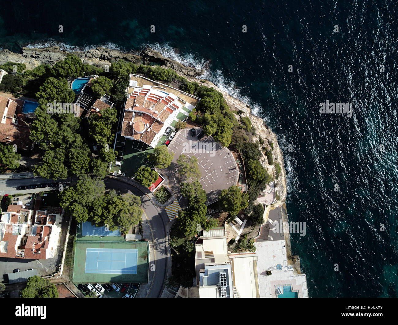 View directly from above coast and Mediterranean Sea. Summer luxury ...