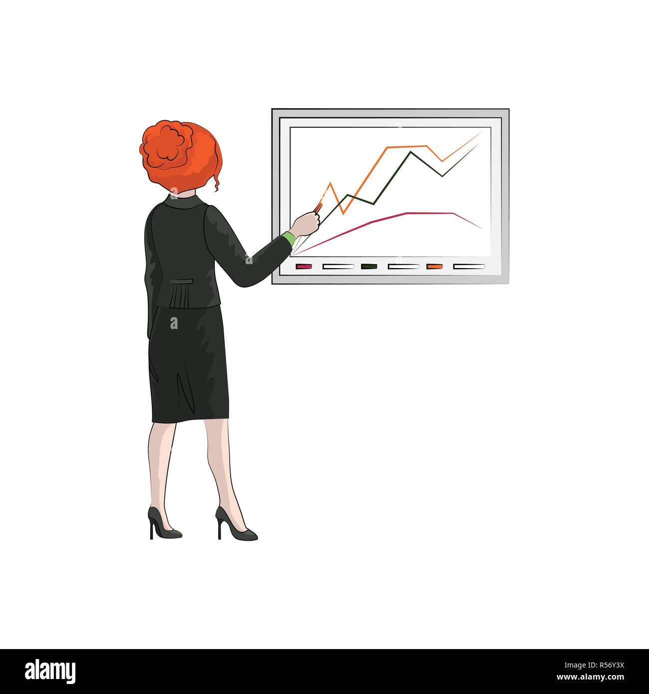Businesswoman (girl, woman) draws a chart. Vector color illustration ...
