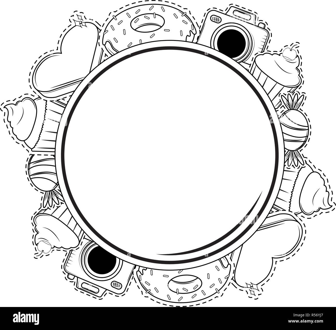 Birthday round frame with candies and gifts black and white Stock ...