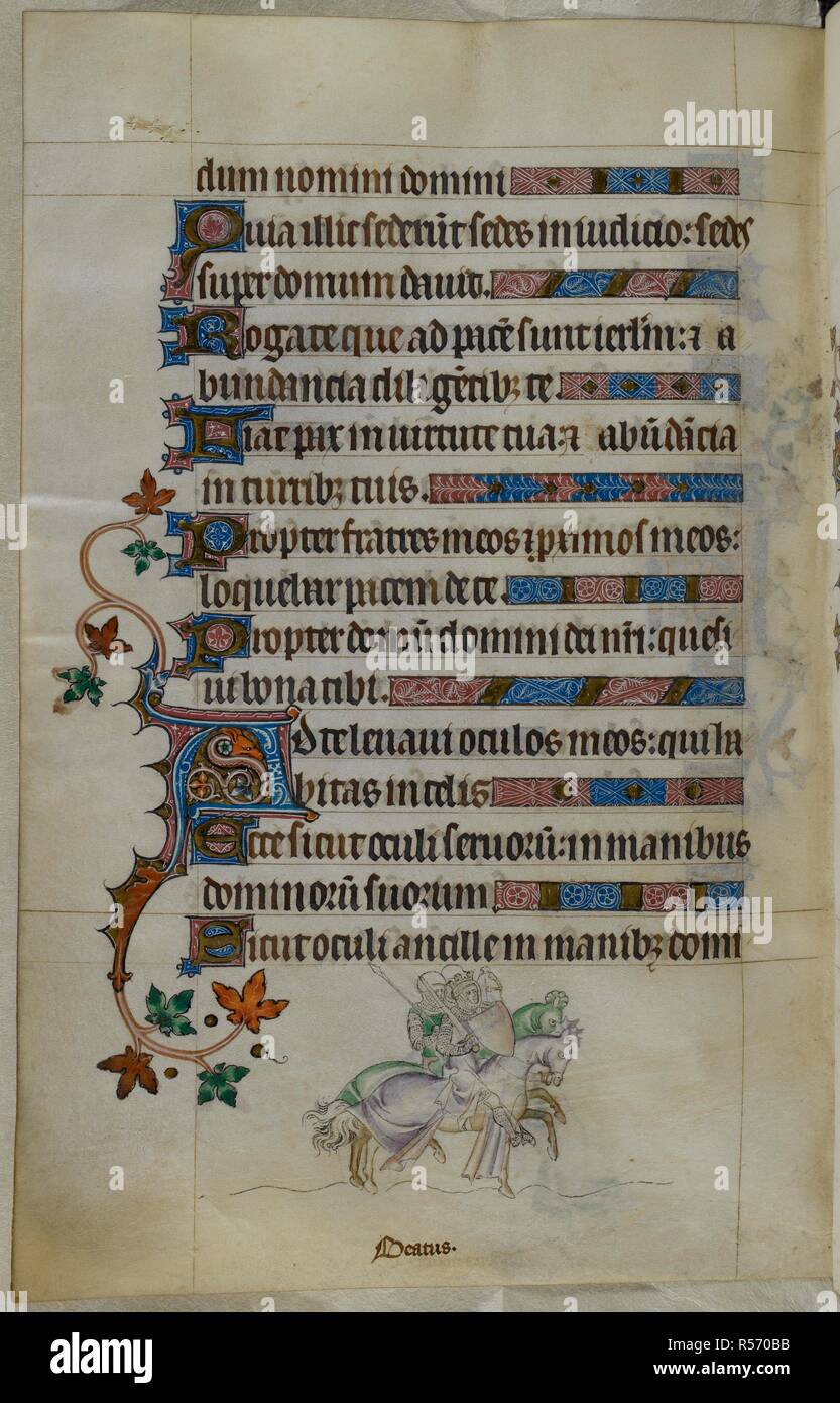 Bas-de-page scene of a crowned Oswald riding into battle against Penda ...