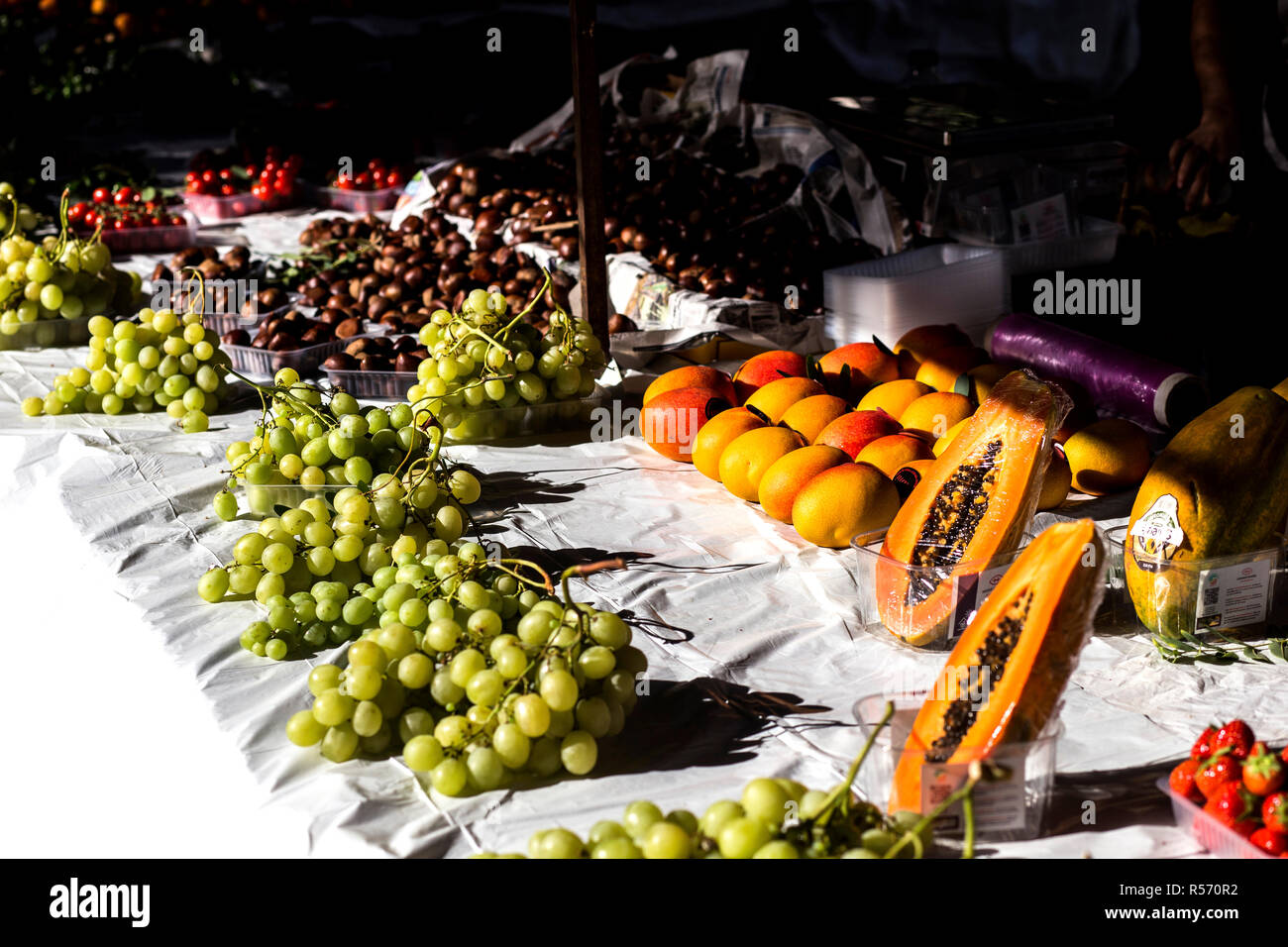 Grapes for sale on a market stall in Port de Pollenca, Mallorca Stock ...