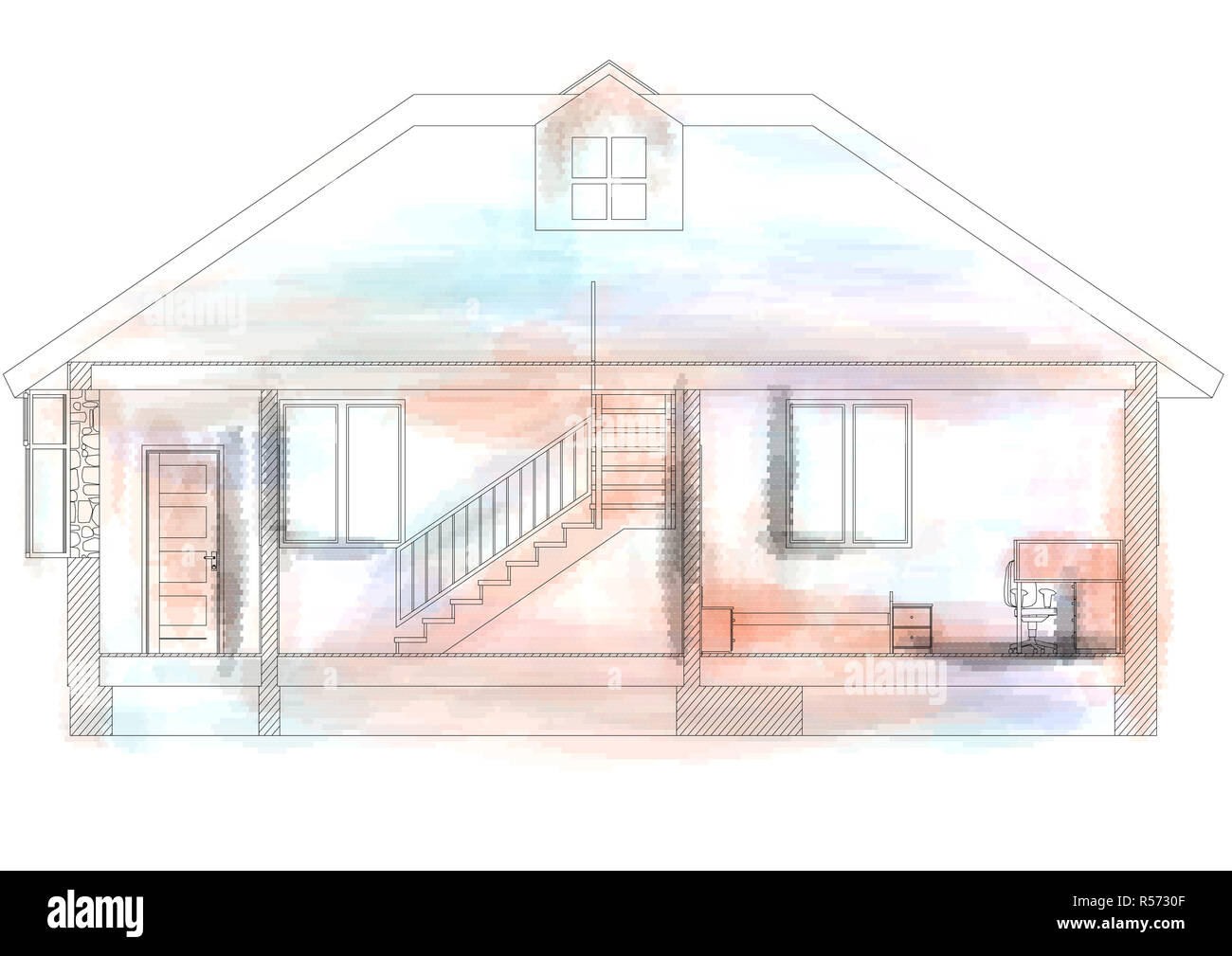 Drawing and photo of interior of modern kitchen hi-res stock ...