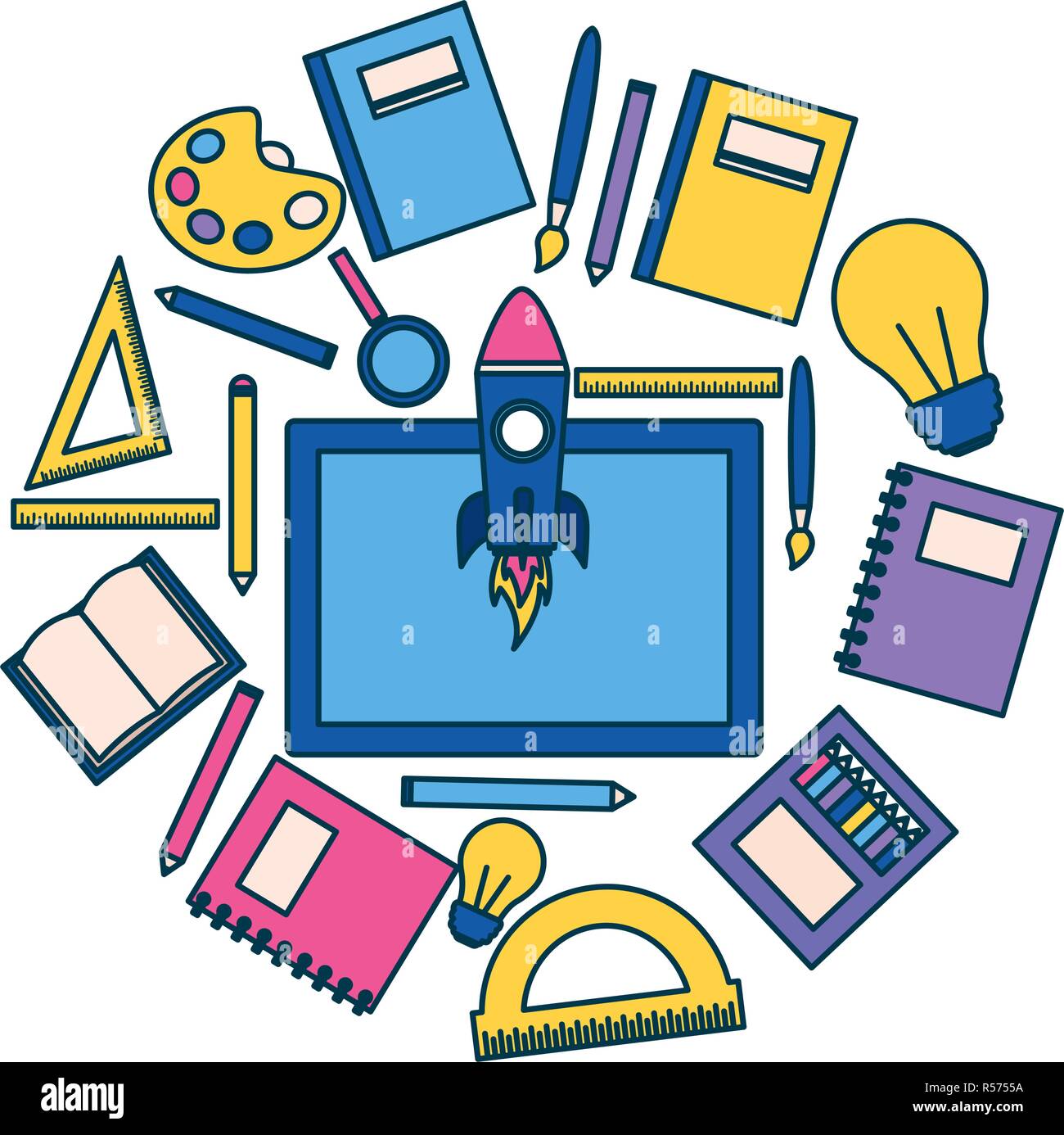 chalkboard rocket books pencil ruler education supplies school vector ...